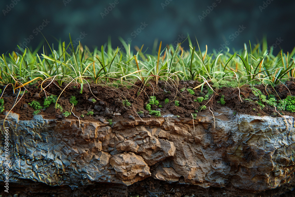 Three-dimensional turf section with greenery on isolated backdrop ...