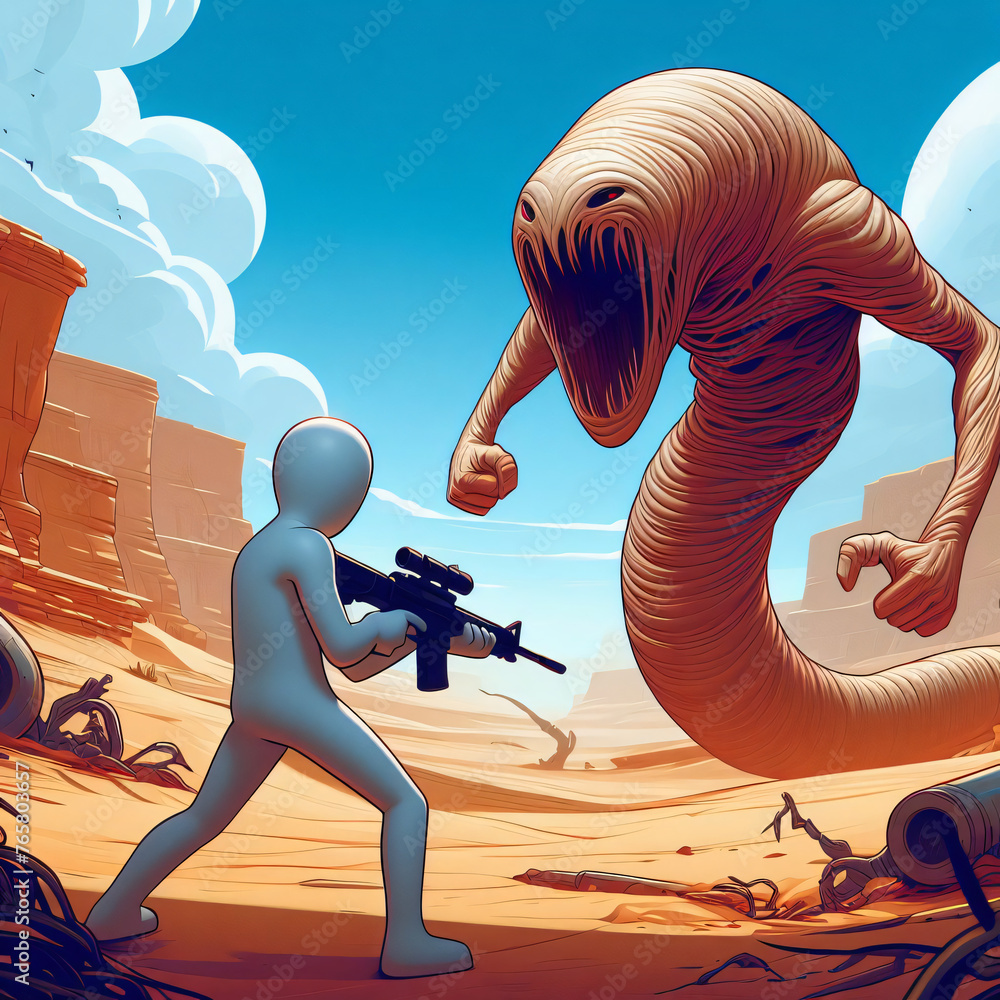 Stickman confronts the Sand Worm in a battle of wits and agility, a ...