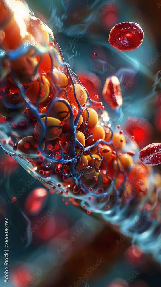 A red and blue blood vessel with red blood cells floating in it. The ...