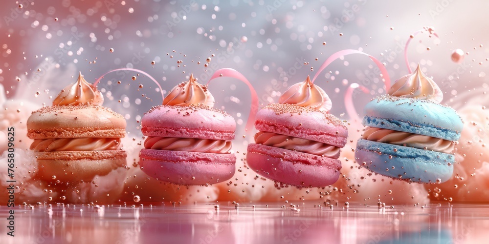 A dynamic 3D scene of colorful macarons exploding and floating in a ...