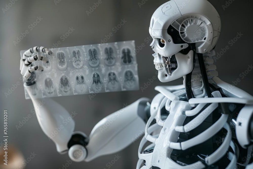 The concept of AI in medicine. A humanoid robot holds in his hand x ...