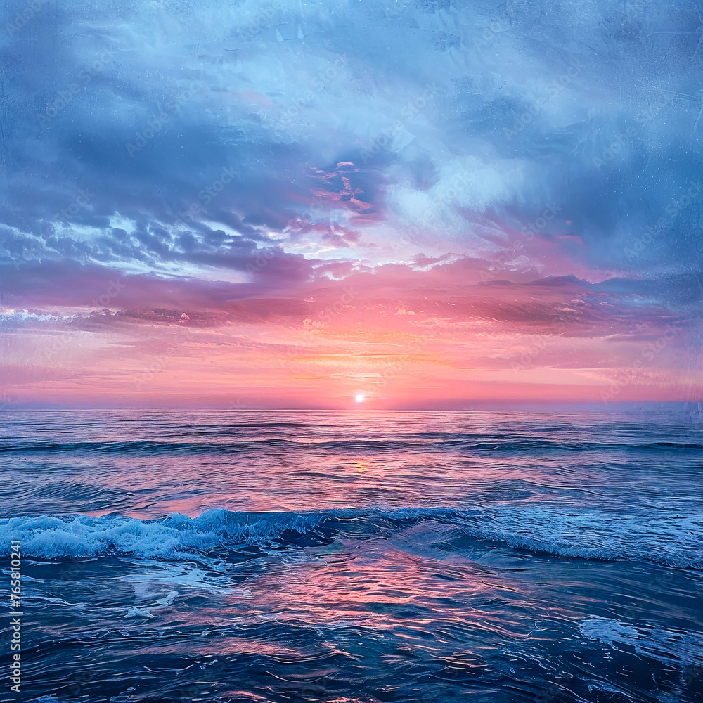 An ocean at sunset, where the vibrant sky's colors are mirrored by the ...