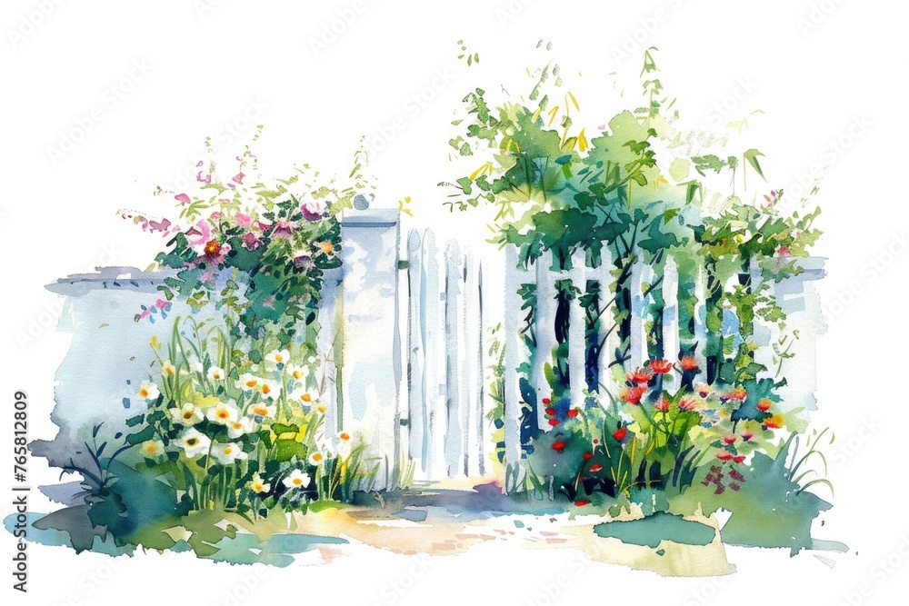 Watercolor painting of a garden gate opening to a secret garden ...
