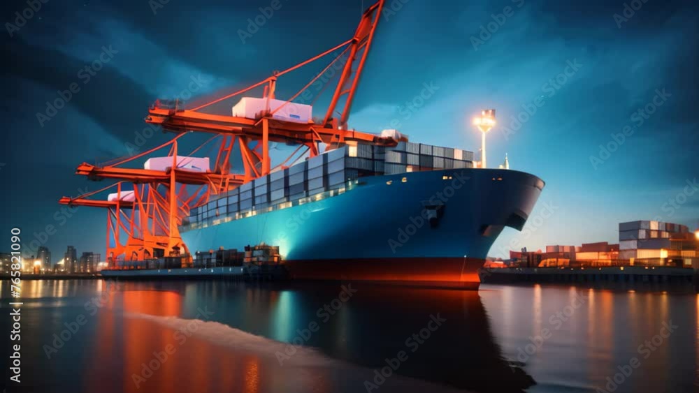 Container Cargo freight ship with working crane bridge at night ...