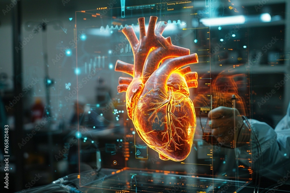 AI diagnosing heart disease, holographic heart model, AR interface, hightech lab setting Stock ...