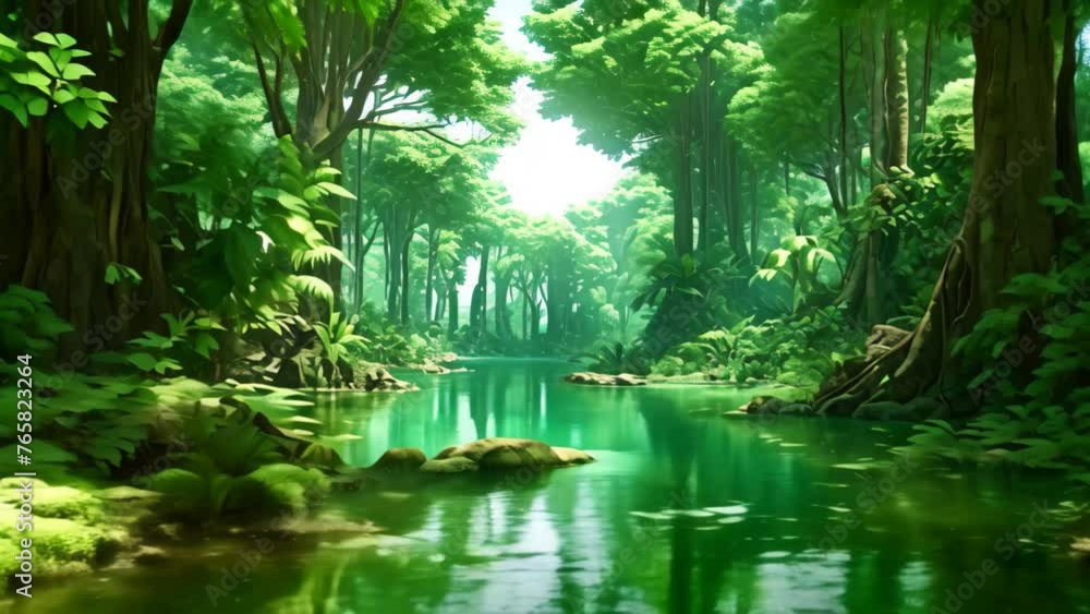 3D rendering of a fantasy green forest with a lake and trees, Game ...