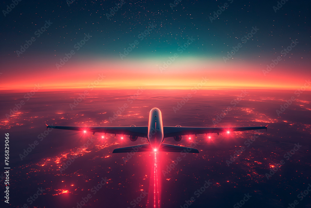 The image depicts a commercial airliner flying at high altitude, its ...