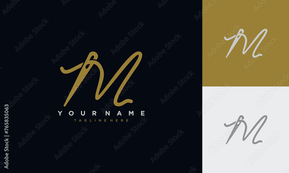 Initial letter m sewing logo formed from thread and needle with gold ...