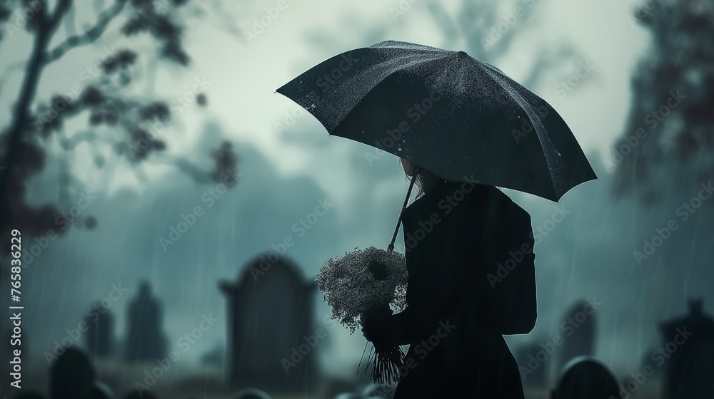 Portrait of a sad crying woman in black at a funeral ceremony, back view, rainy weather, black ...