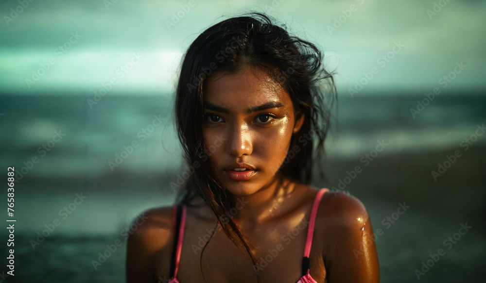 rainy cloudy day in the everyday life of an indonesian attractive slender woman ,young adult ...