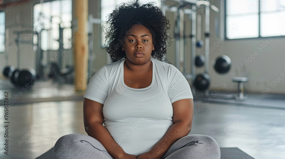 Black woman fat body positive beauty, wearing a white T-shirt and grey ...