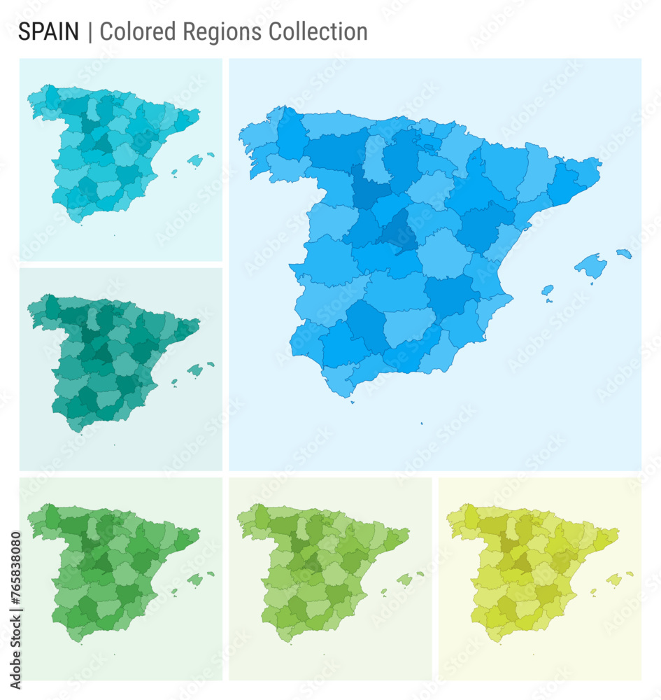 Spain map collection. Country shape with colored regions. Light Blue ...