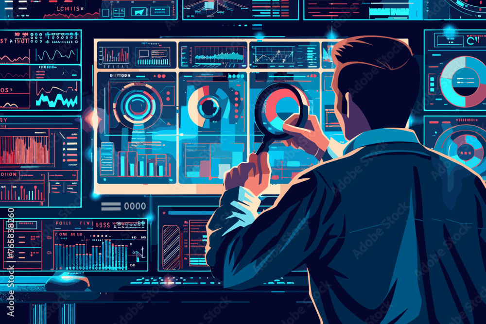 Data scientist analyzing business insights with magnifying glass ...