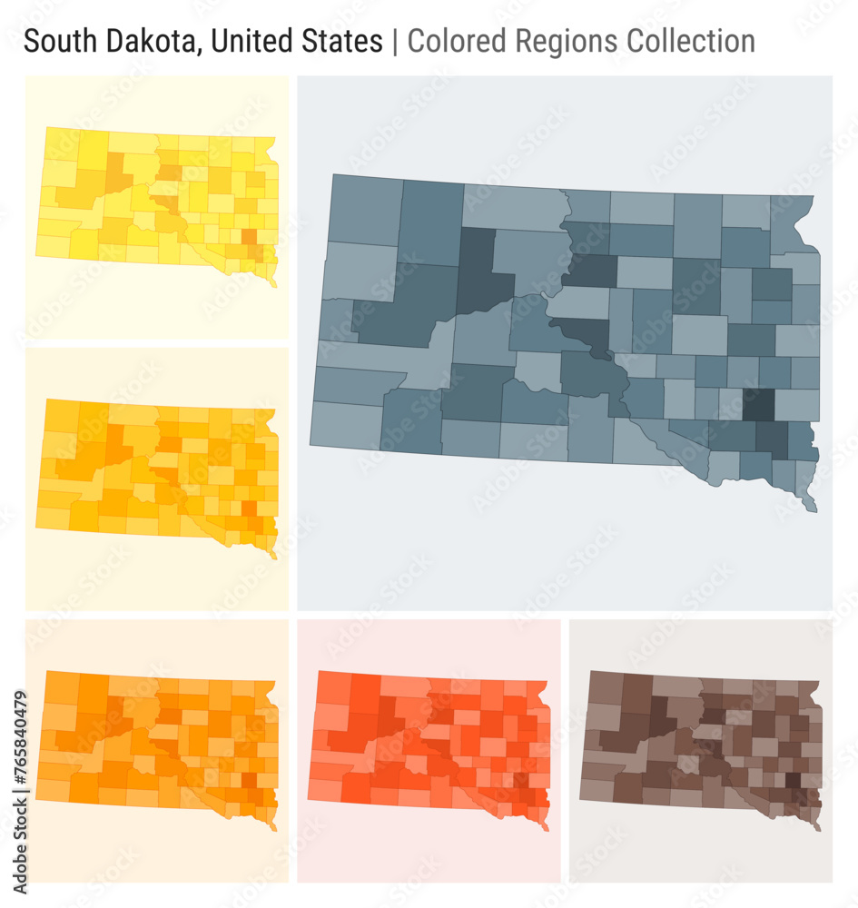 South Dakota, United States. Map collection. State shape. Colored ...
