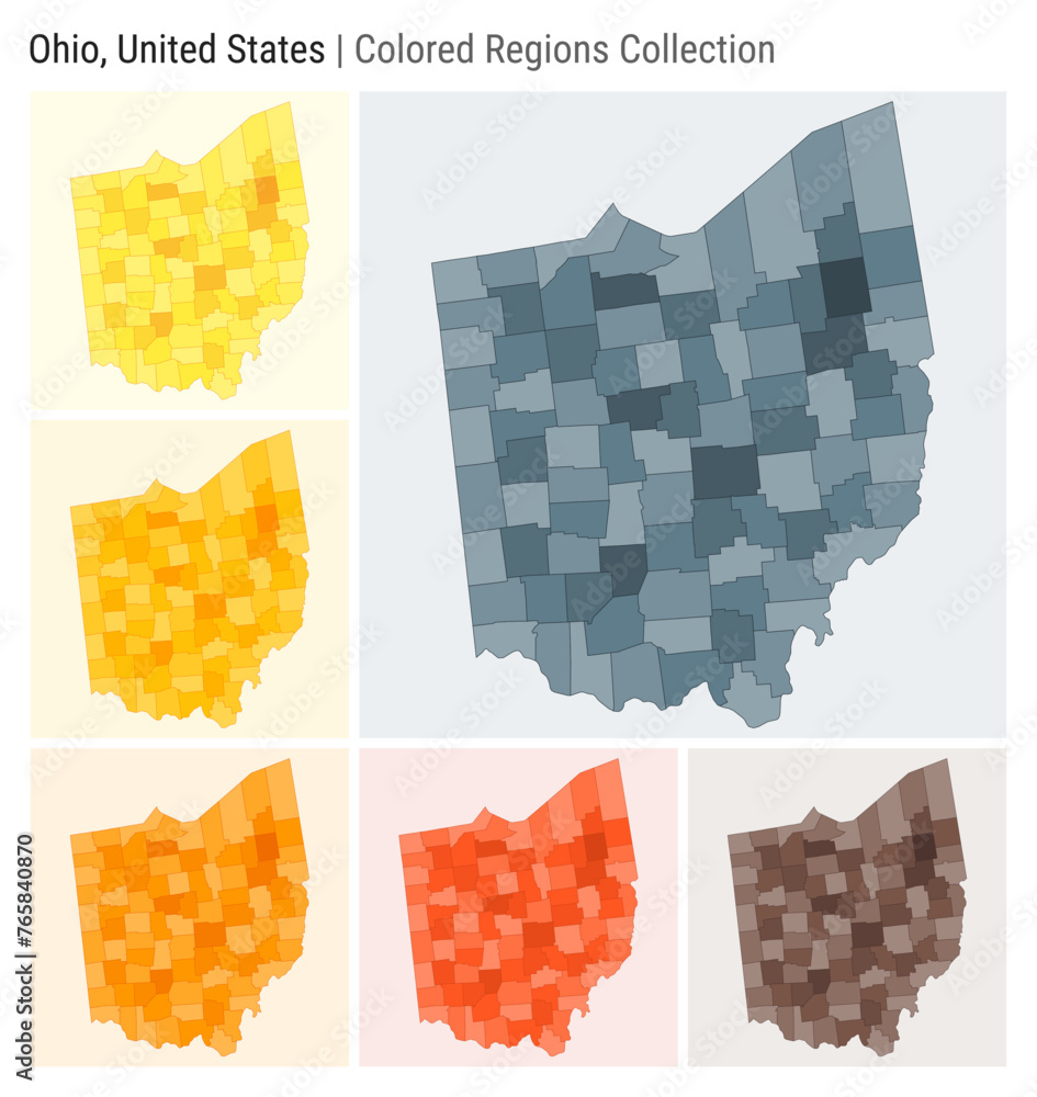 Ohio, United States. Map collection. State shape. Colored counties ...
