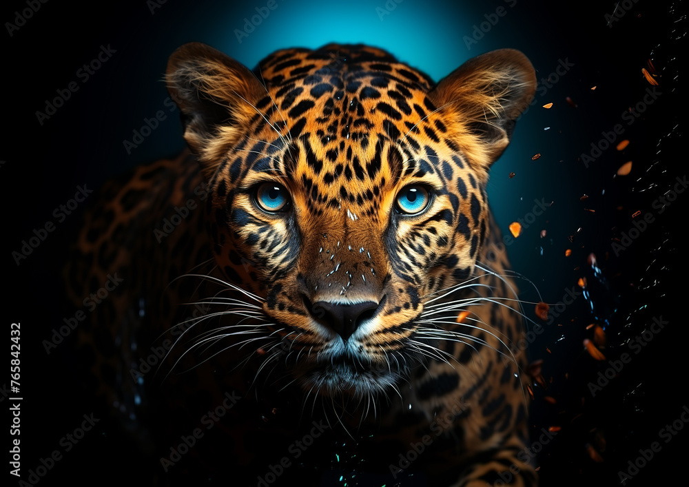 A leopard looks into the camera with piercing blue eyes,highlighted by ...