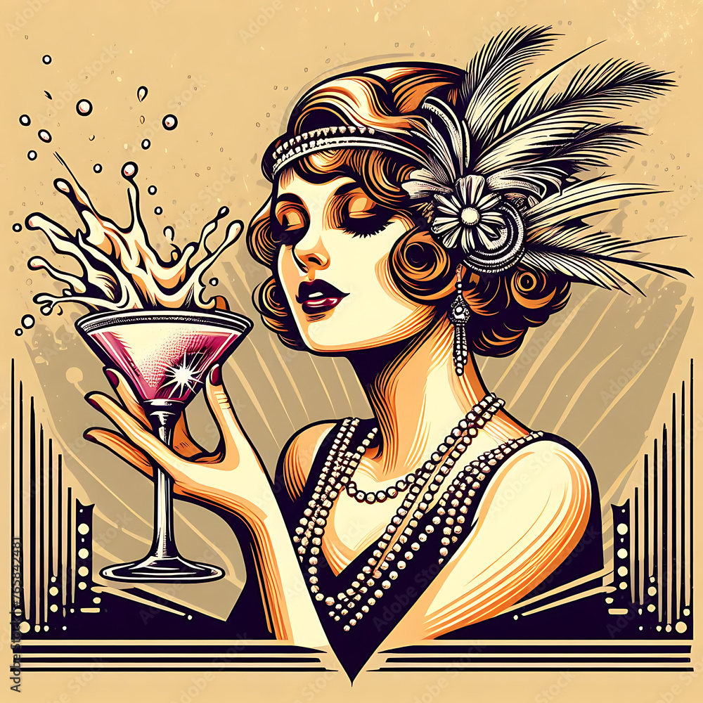 Flapper girl holding cocktail glass with splash. Art deco, 1920 s style ...