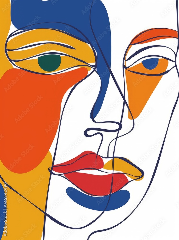 A painting featuring two faces side by side, one painted in vibrant red ...