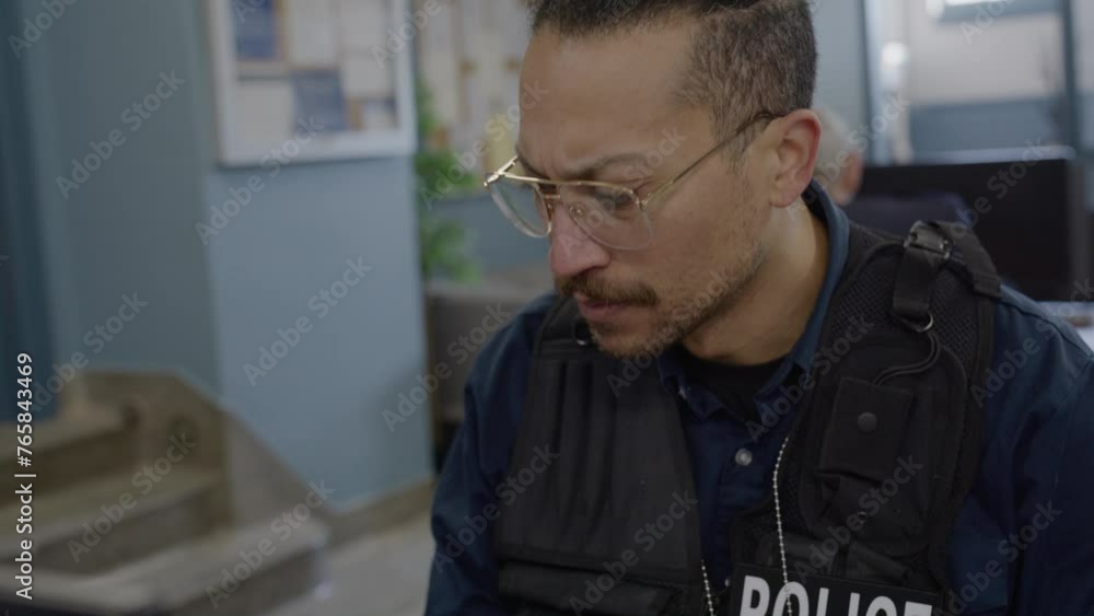 Tilt up to police officer typing Stock Video | Adobe Stock