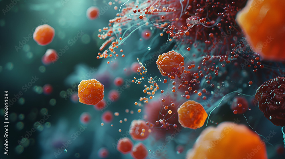 Abstract viral infection, 3d render of virus particles replicating ...