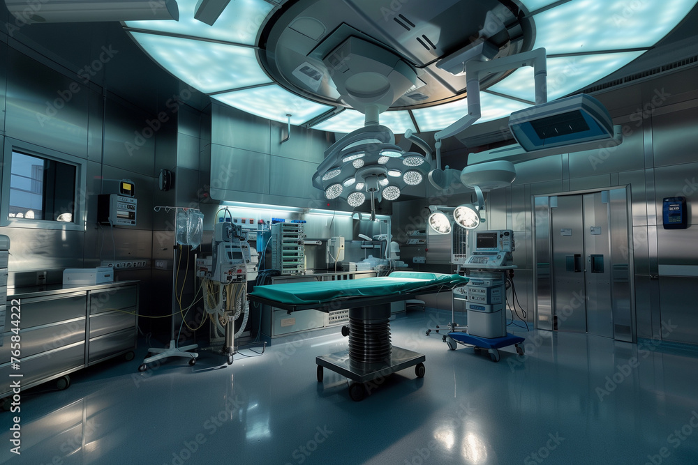 An empty, modern operating room is depicted with a surgical table at ...