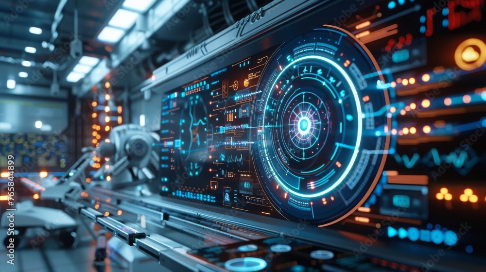 Futuristic Interface Display in Advanced Control Room An intricate futuristic interface with ...