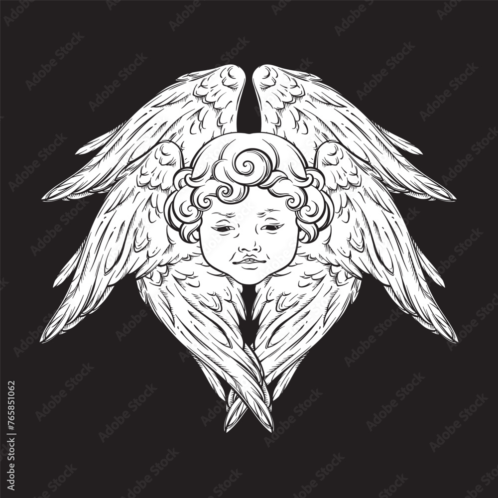Six winged cherub cute winged curly smiling baby boy angel with rays of ...