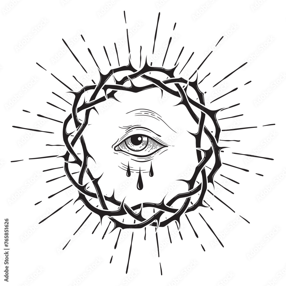 All seeing eye of God in sacred crown of thorns with rays of light ...