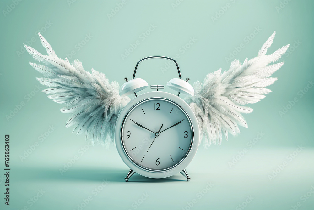 Alarm clock with angel wings flying on pastel background. Time flies ...