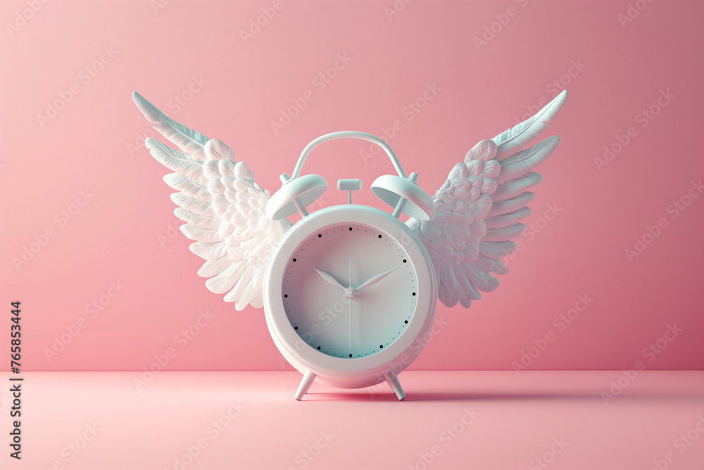 Alarm clock with angel wings flying on pastel background. Time flies ...