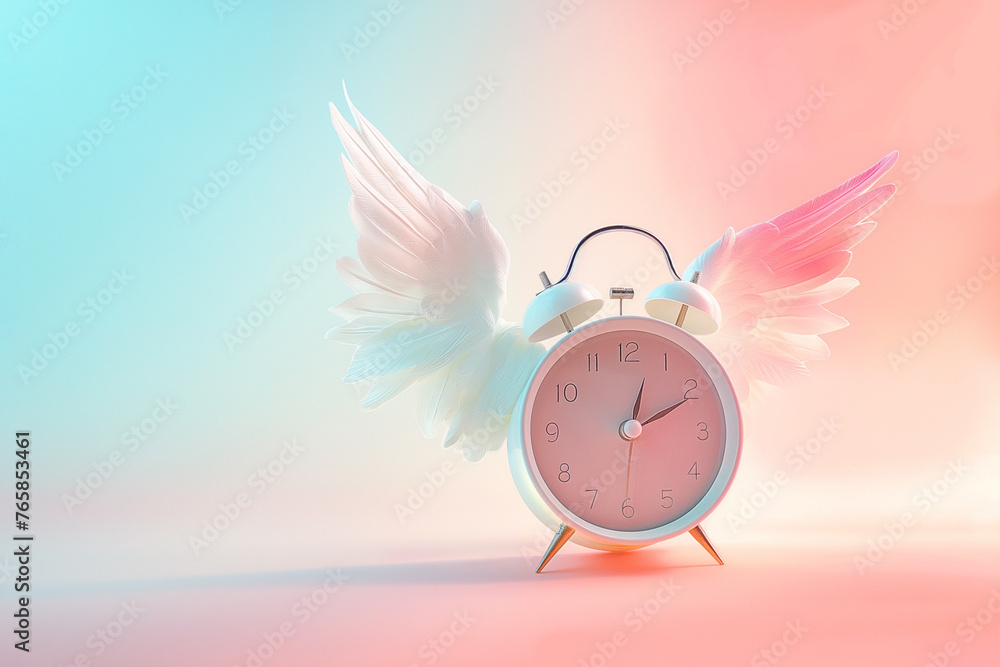 Alarm clock with angel wings flying on pastel background. Time flies ...