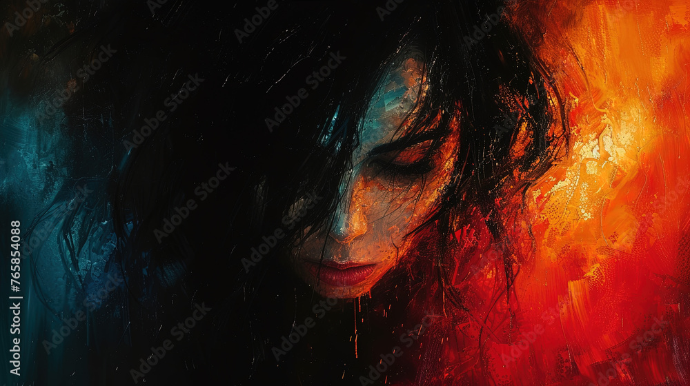 An evocative digital painting of an enigmatic woman with dark hair, her ...