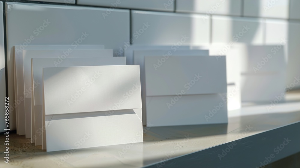 A UHD capture of a stack of blank white envelopes arranged neatly on a ...