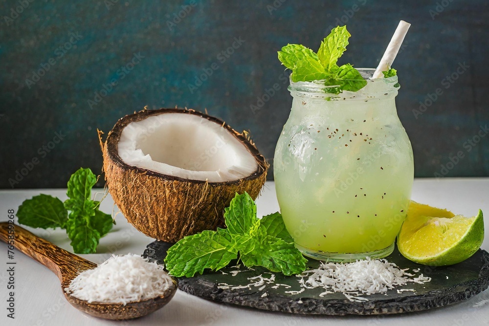 Coconut water, lemon juice,sugar syrup,black salt, Sabja seeds,small ...