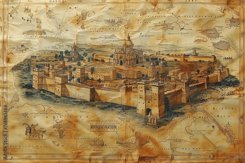 This is a meticulously detailed hand-drawn map featuring a fortified ...