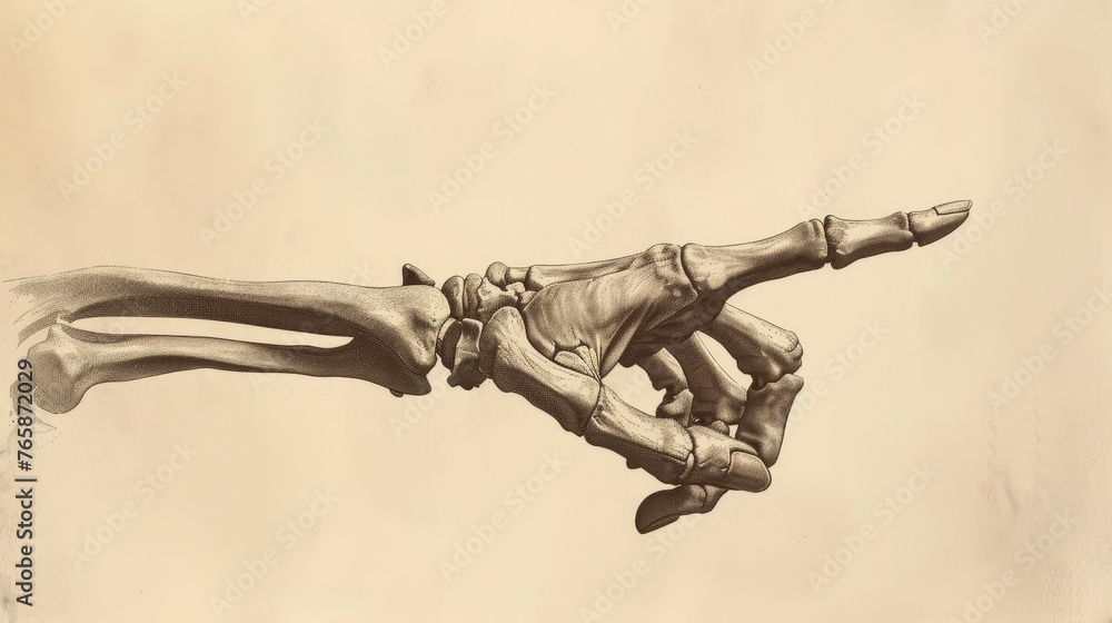 Skeletal hand illustration with extended finger, concept of anatomy ...