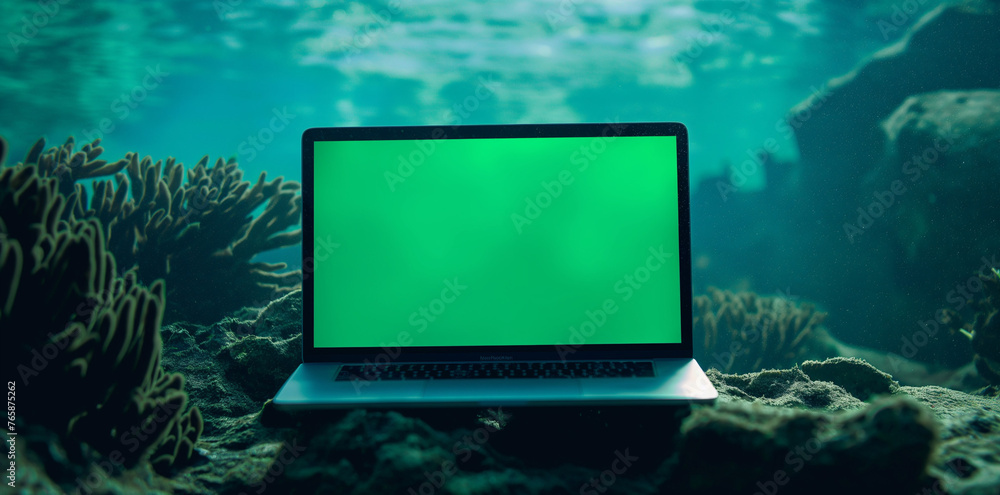 A mockup of an laptop with a green screen, underwater Stock Photo ...