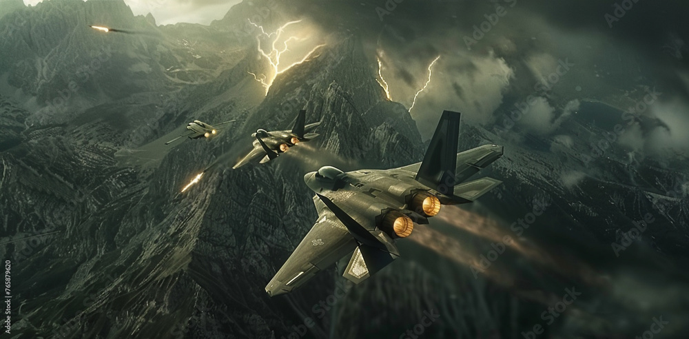 Cinematic scene of advanced fighter jets maneuvering through a rugged ...