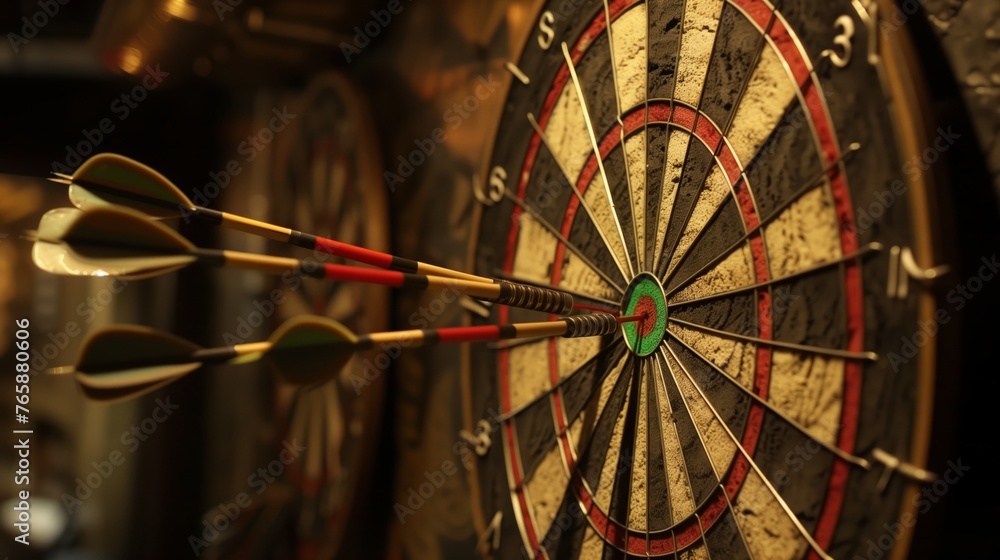 Darts hitting the bullseye on a dartboard, concept of success and goal ...