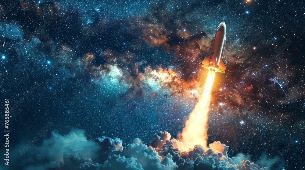 Capturing the dramatic moment of takeoff, this image showcases a rocket ...