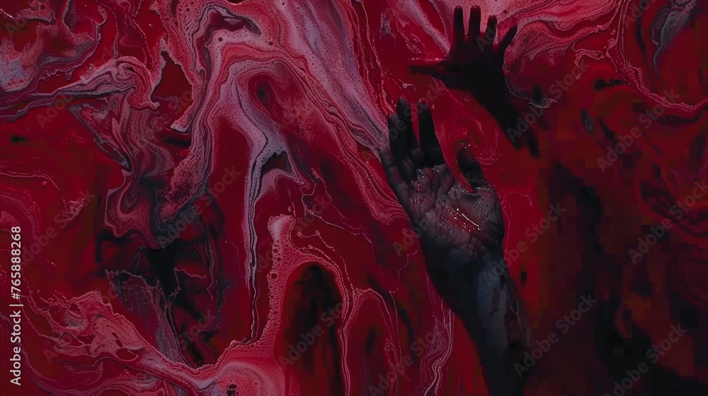 a red and black abstract painting with a hand reaching out of the ...
