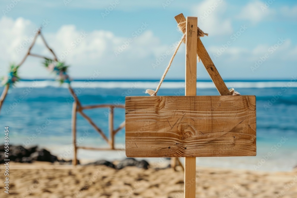Wooden signboard on a wooden peg on the beach in hawaii in the boho ...