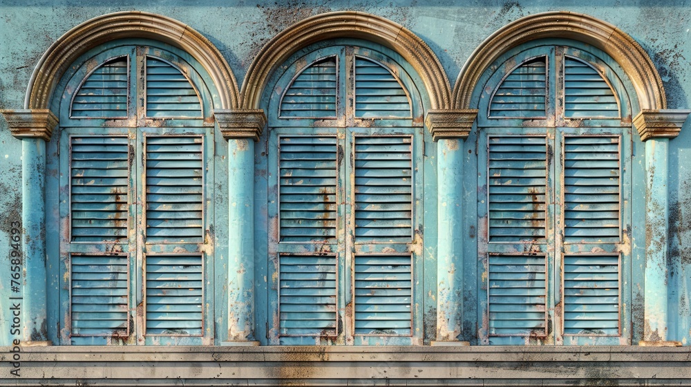 A UHD capture of a row of decorative window shutters with louvers and ...