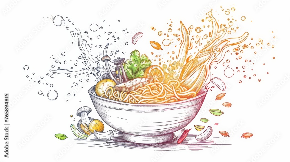 ภาพประกอบสต็อก A line drawing of ramen, illustration in simple lines on ...