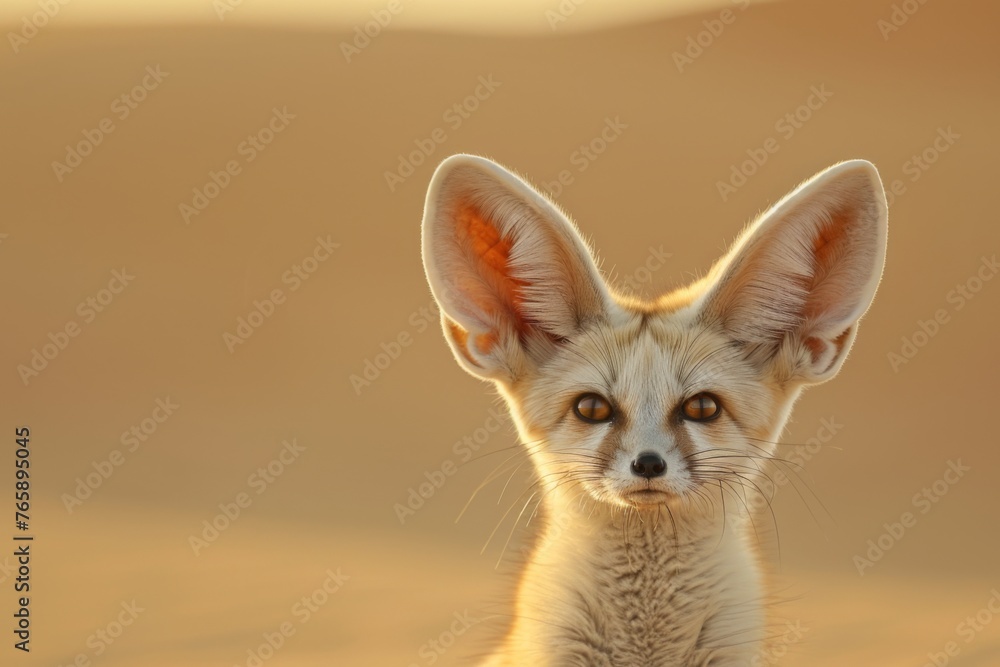 A fennec fox, its large ears and expressive eyes captured in the golden ...