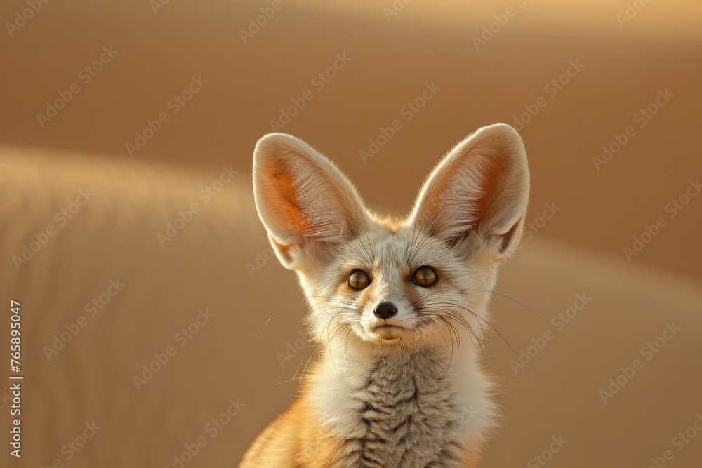 A fennec fox, its large ears and expressive eyes captured in the golden ...