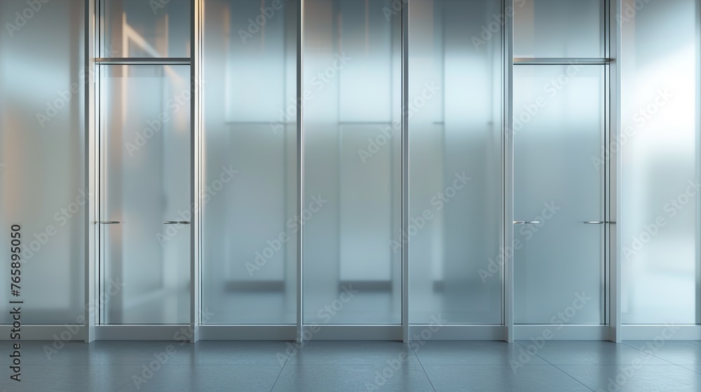 A UHD capture of a row of frosted glass cabinet doors with brushed ...