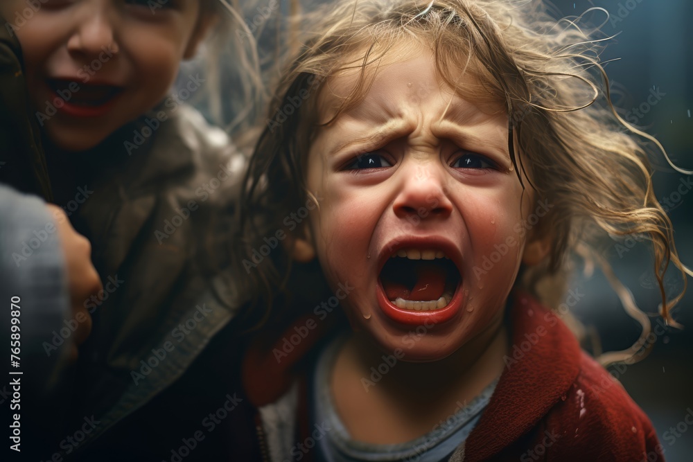 The tear-streaked face of a crying little girl as they endure their ...