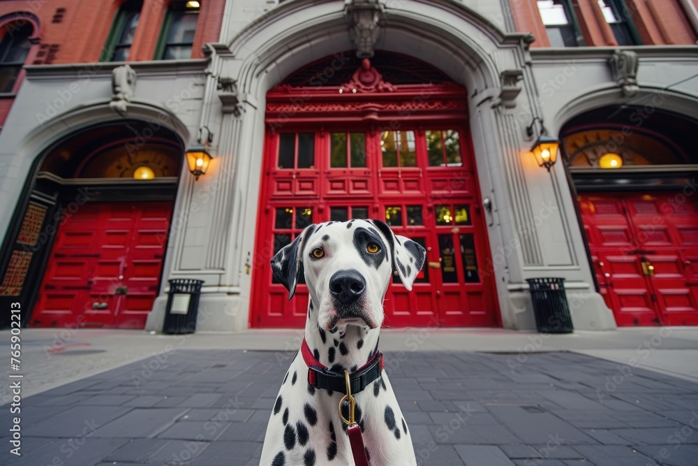 A majestic Dalmatian posing regally in front of a historic firehouse ...