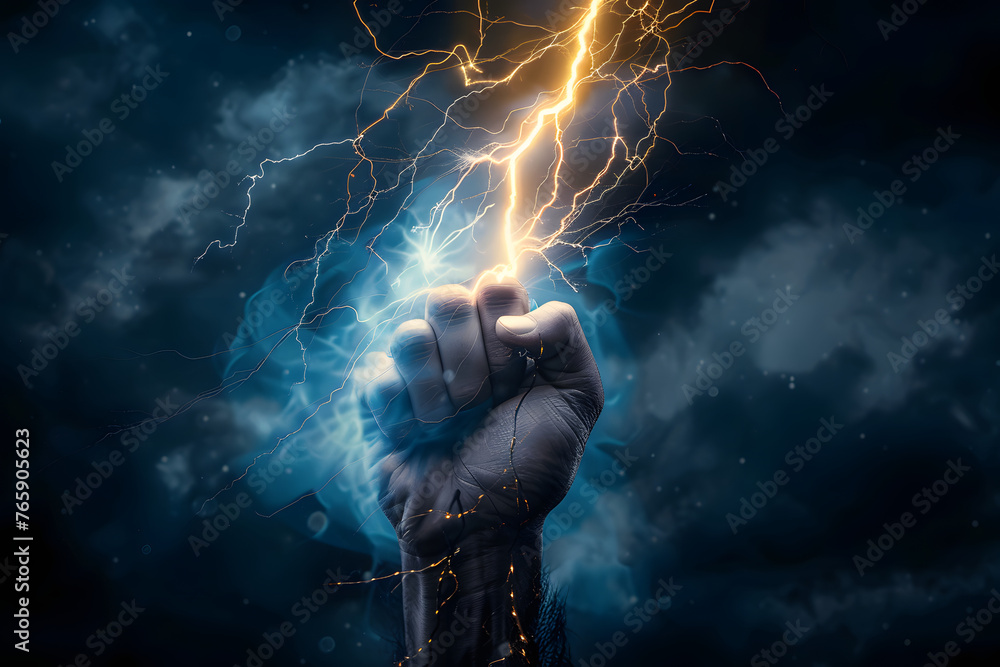 Hand holding up a lightning bolt. Energy and power. Stormy background ...